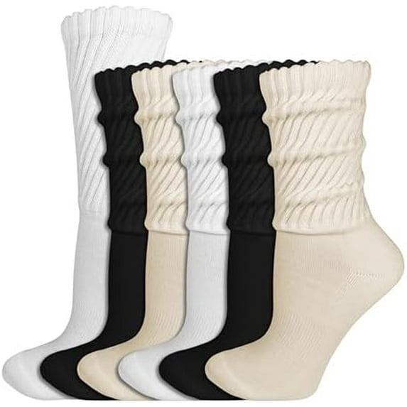6 Pair Cotton Crew Slouch Socks Womens Scrunch Ribbed Soft Retro Boot ...