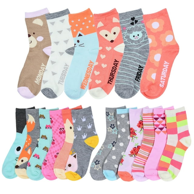 6 Pair Youth Girls Socks Size 6-8, Novelty Assorted Designs, Crew Low ...