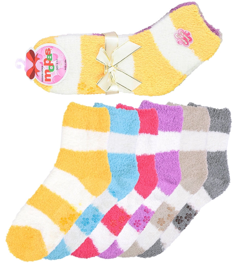 6 Pair of Women Fuzzy Plush Cozy Soft Slipper Socks Warm Stripes w/ No ...
