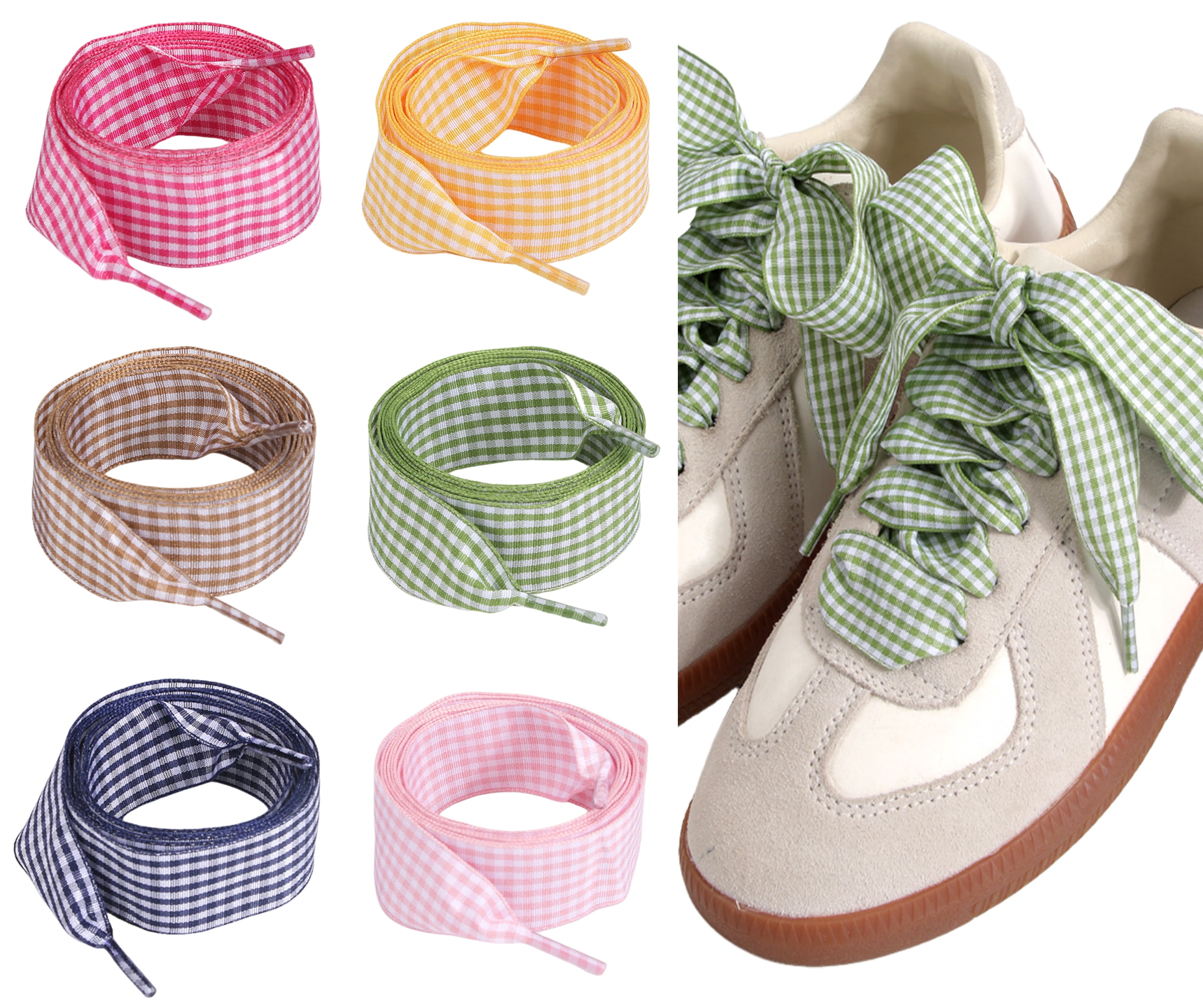 6 Pairs 1 Inch Wide Gingham Plaid Ribbon Shoelaces, Cute Satin ...