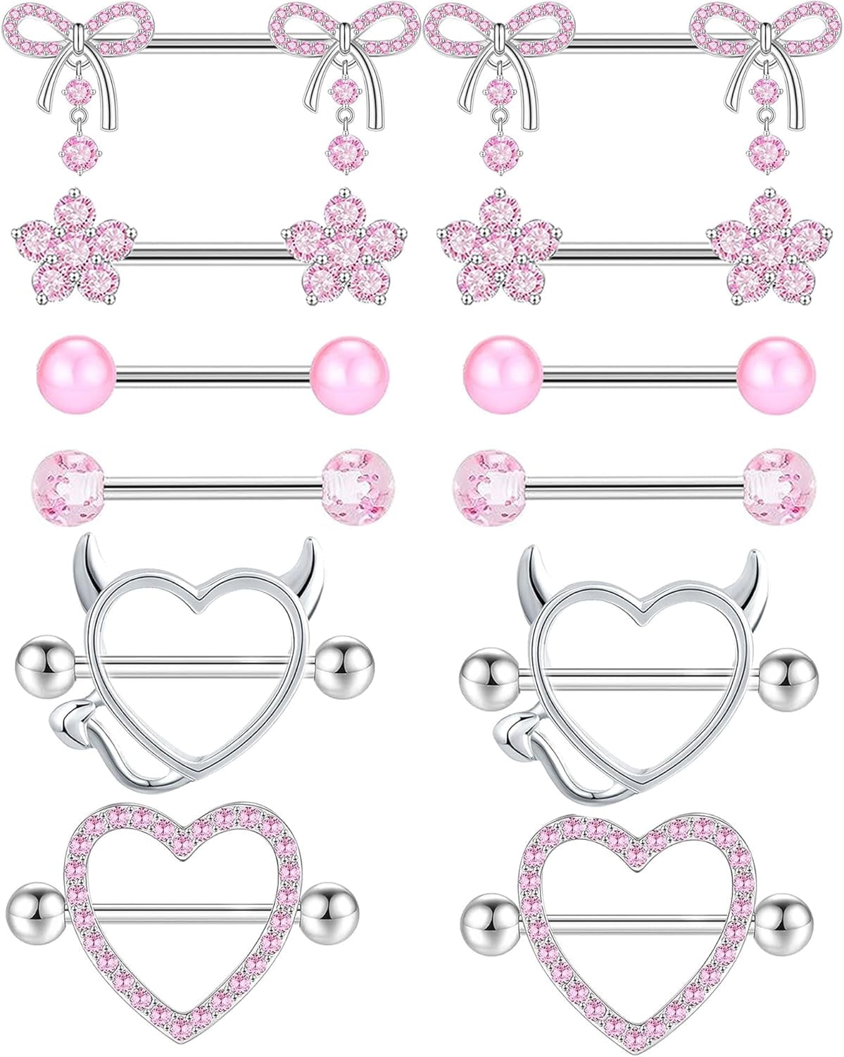 6 Pairs 14G Nipple Rings for Women 316L Stainless Steel Heart Bow CZ Flower Barbell Nipple Rings ...