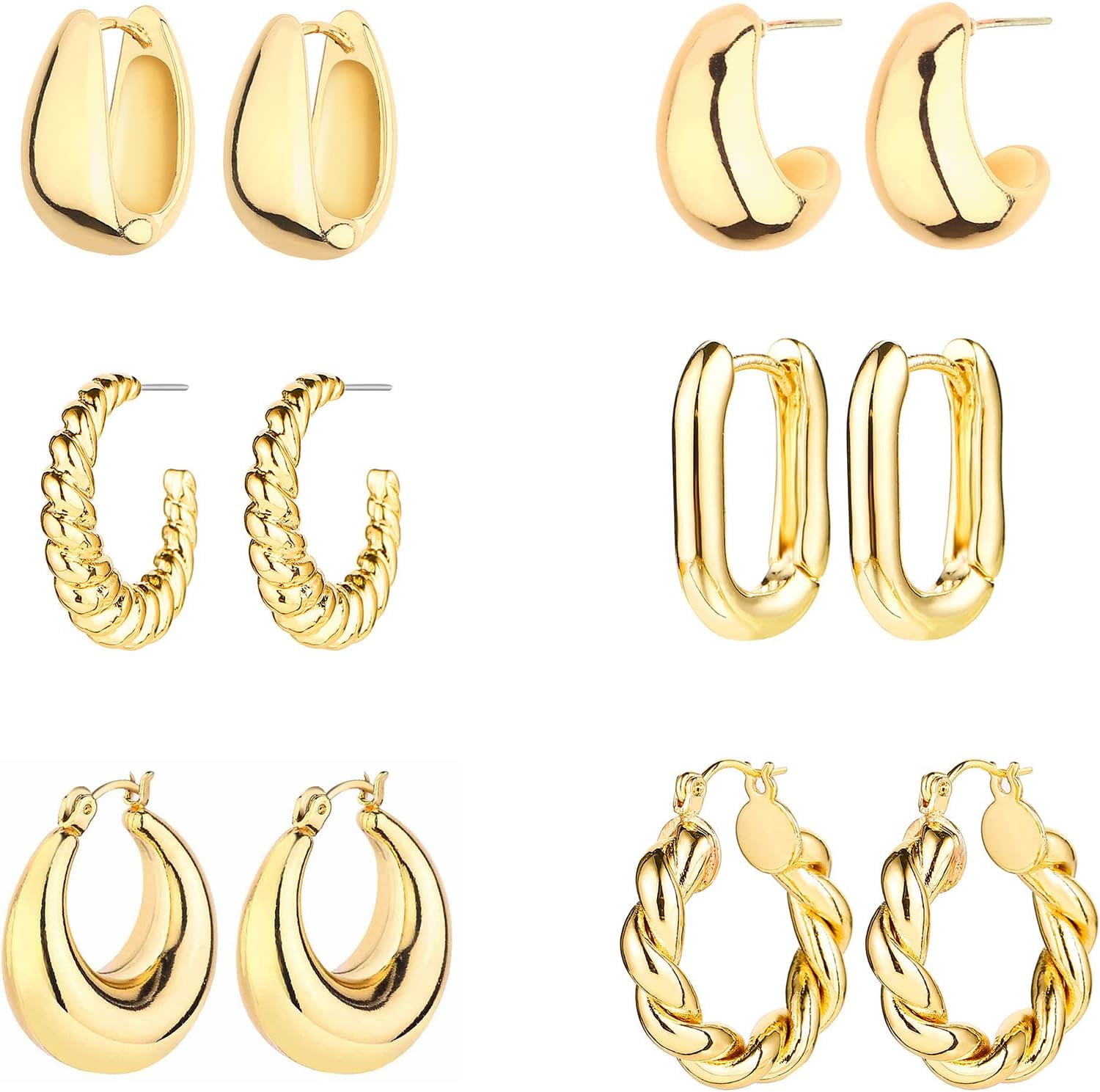 6 Pairs 14K Gold Hoop Earrings for Women Lightweight Chunky Hoop ...