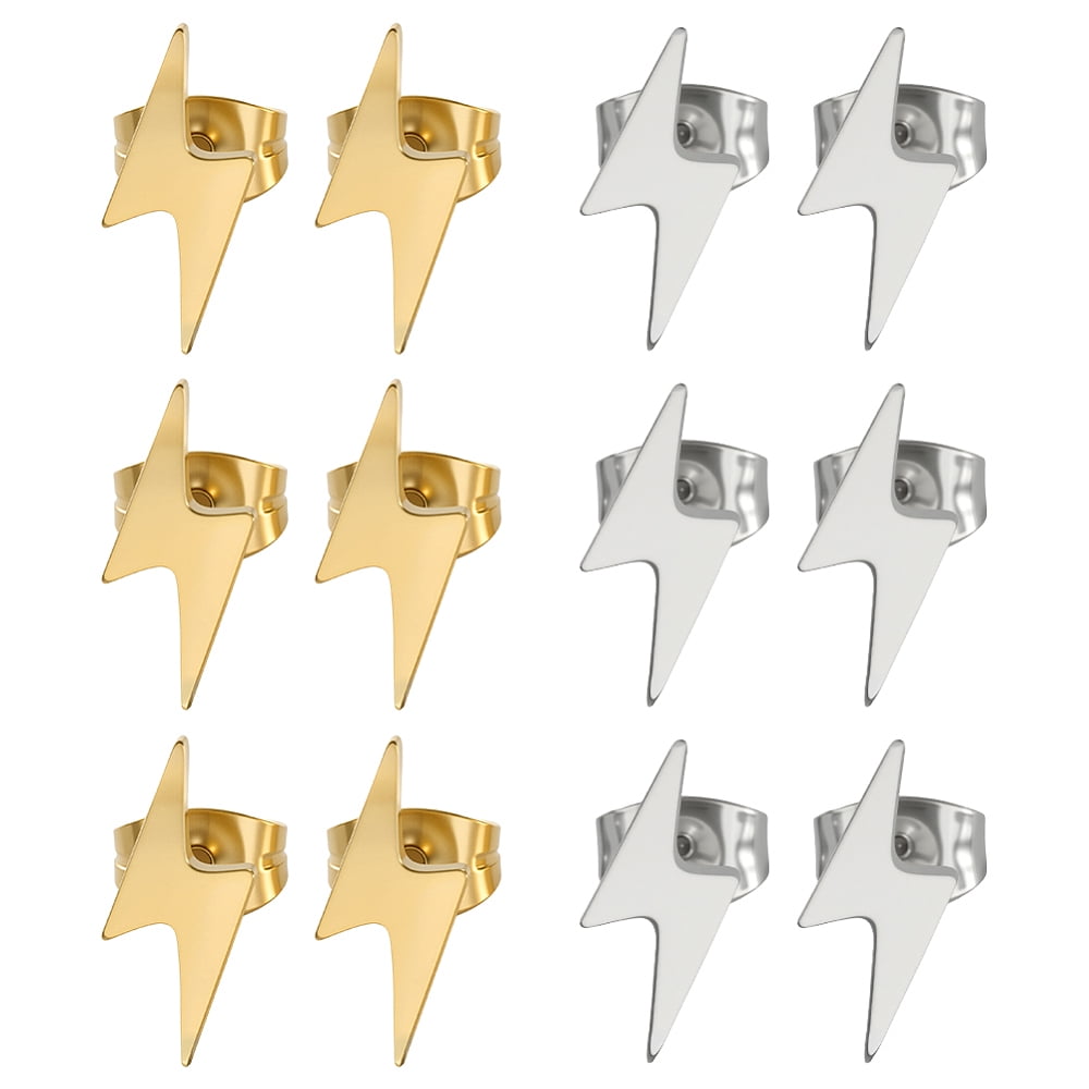 6 Pairs 2 Colors 304 Stainless Steel Stud Earrings Lightning Bolt Mixed ...