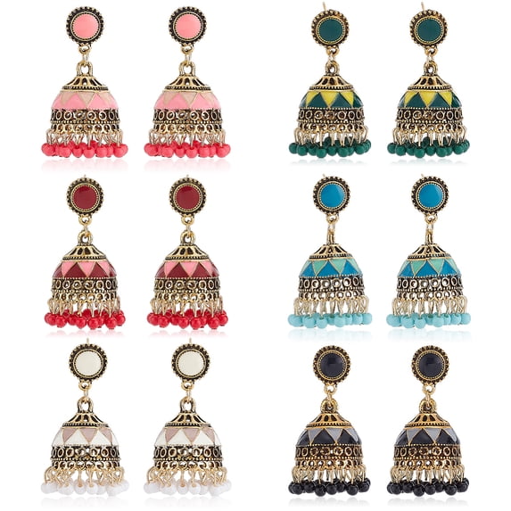6 Pairs 6 Colors Ethnic Style 3D Enamel Bell with Seed Beeded Dangle ...