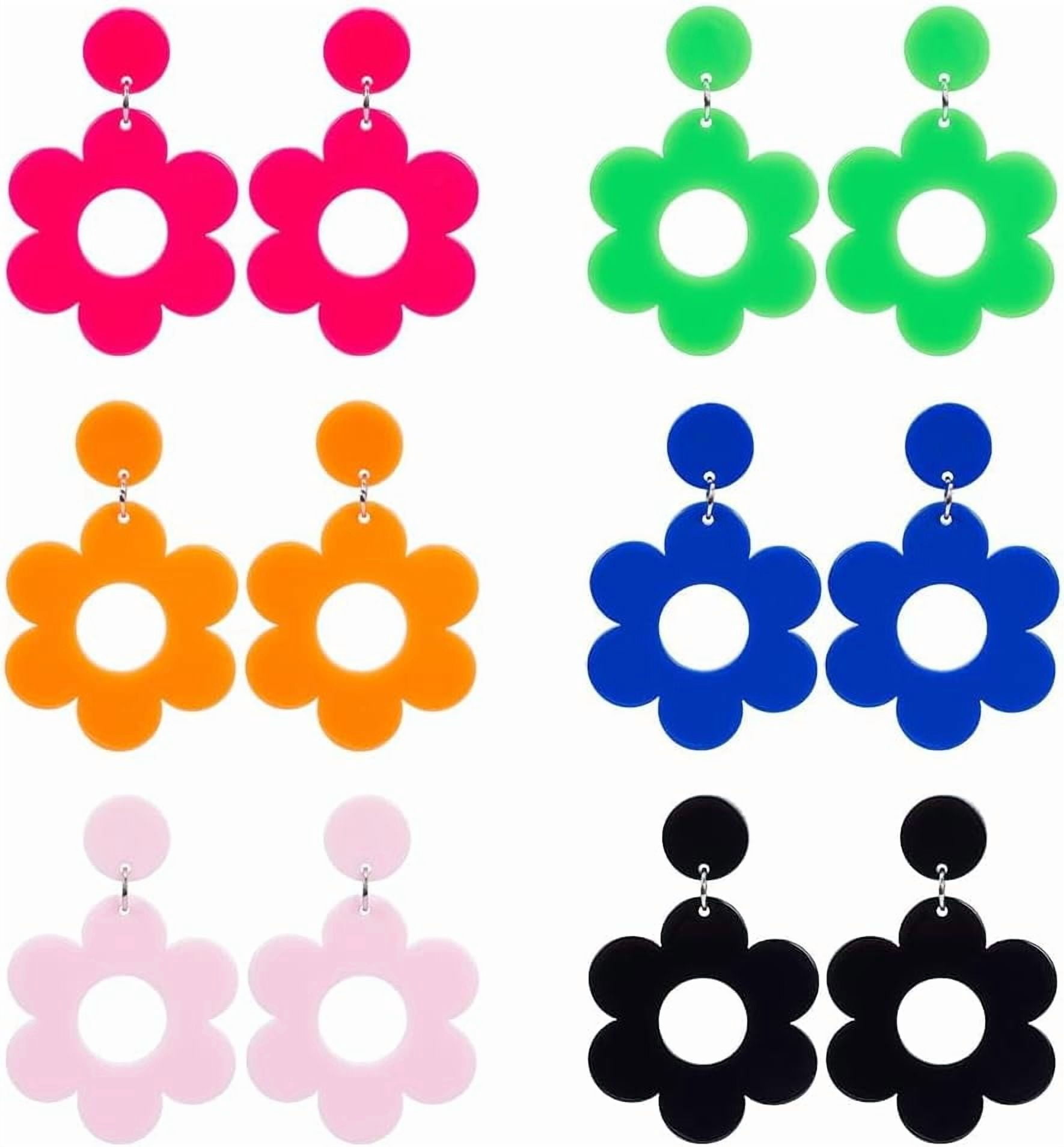 6 Pairs 6 Colors Flower Acrylic Dangle Stud Earrings with Steel Iron ...