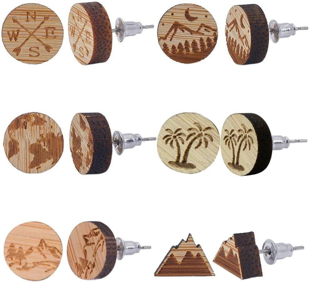 6 Pairs 6 Style Natural Wood Stud Earrings with 304 Stainless Steel ...