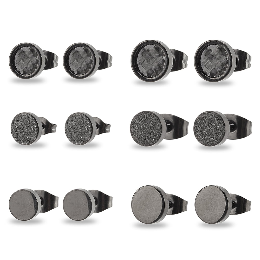 6 Pairs Black Stud Earrings Flat Black Circle Stud Earrings Men Round ...