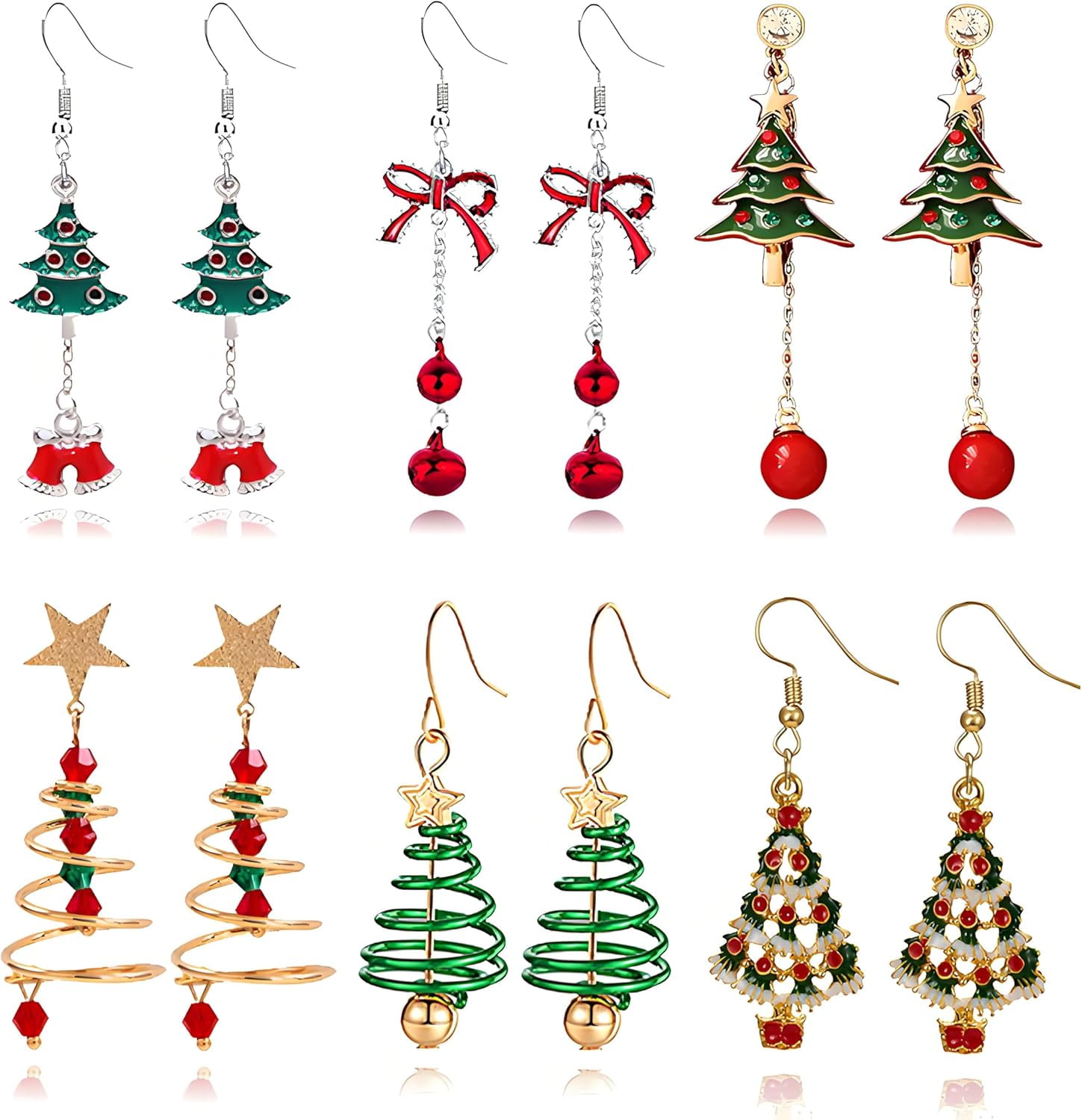 6 Pairs Christmas Earrings Set for Women Bow Rotating Christmas Tree ...