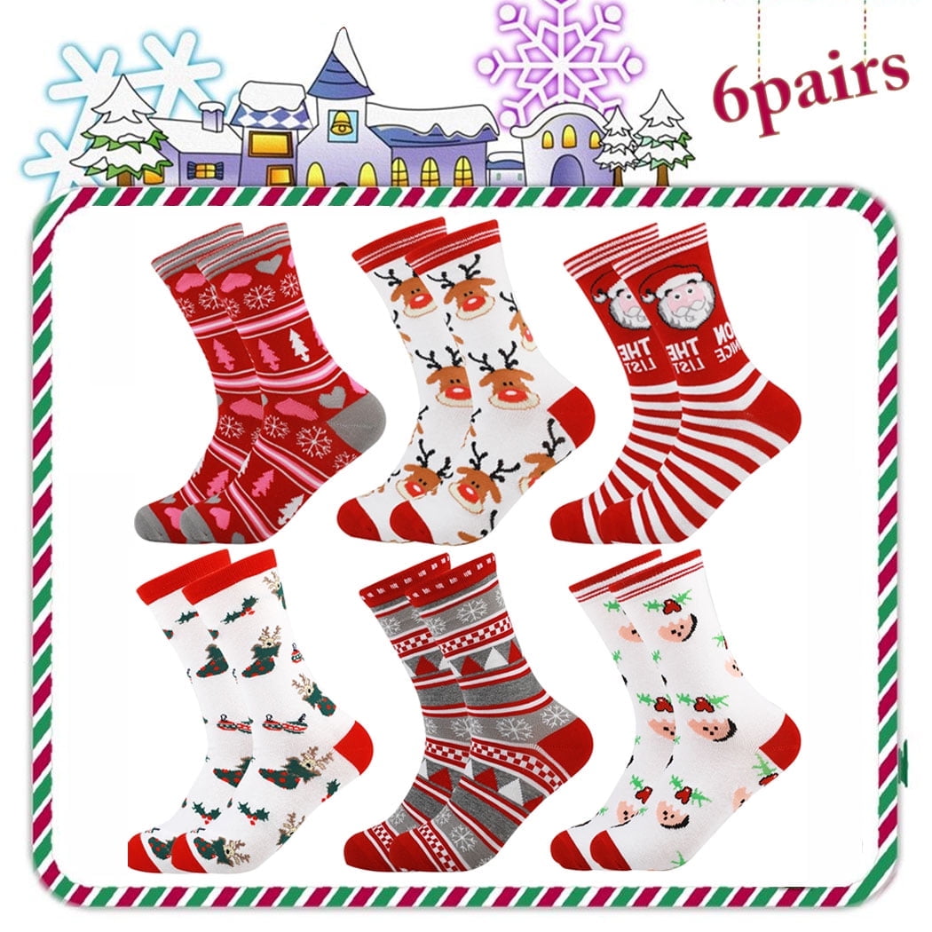 6 Pairs Christmas Socks for Adults, Cotton Crew, Xmas Holiday Knee Cozy ...