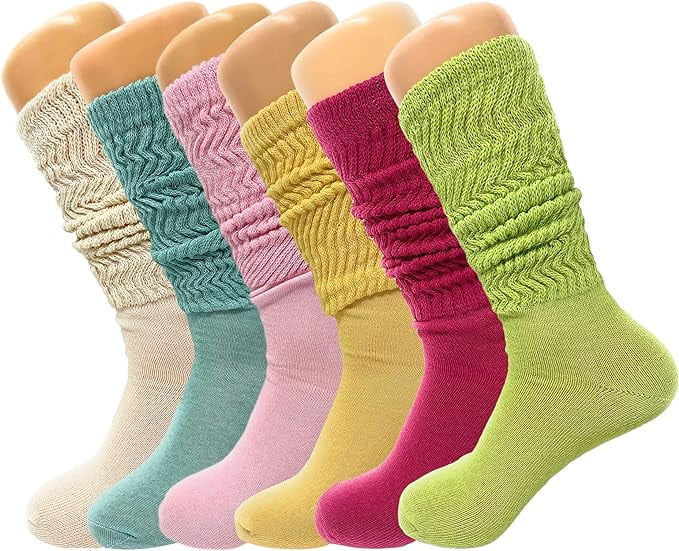 6 Pairs Colorful Slouch Knee High Socks with Thin Sole Shoe Size 5 to ...