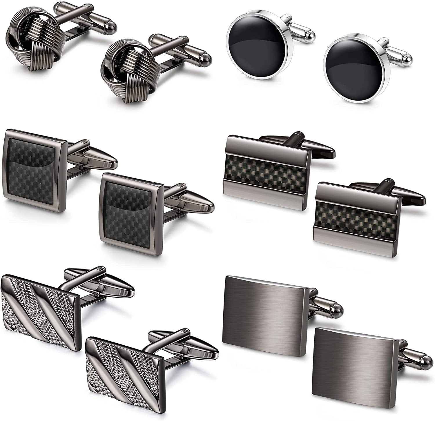 HFRENIVY 6 Pairs Cufflinks Set for Men, Silver and Black Classic Formal ...