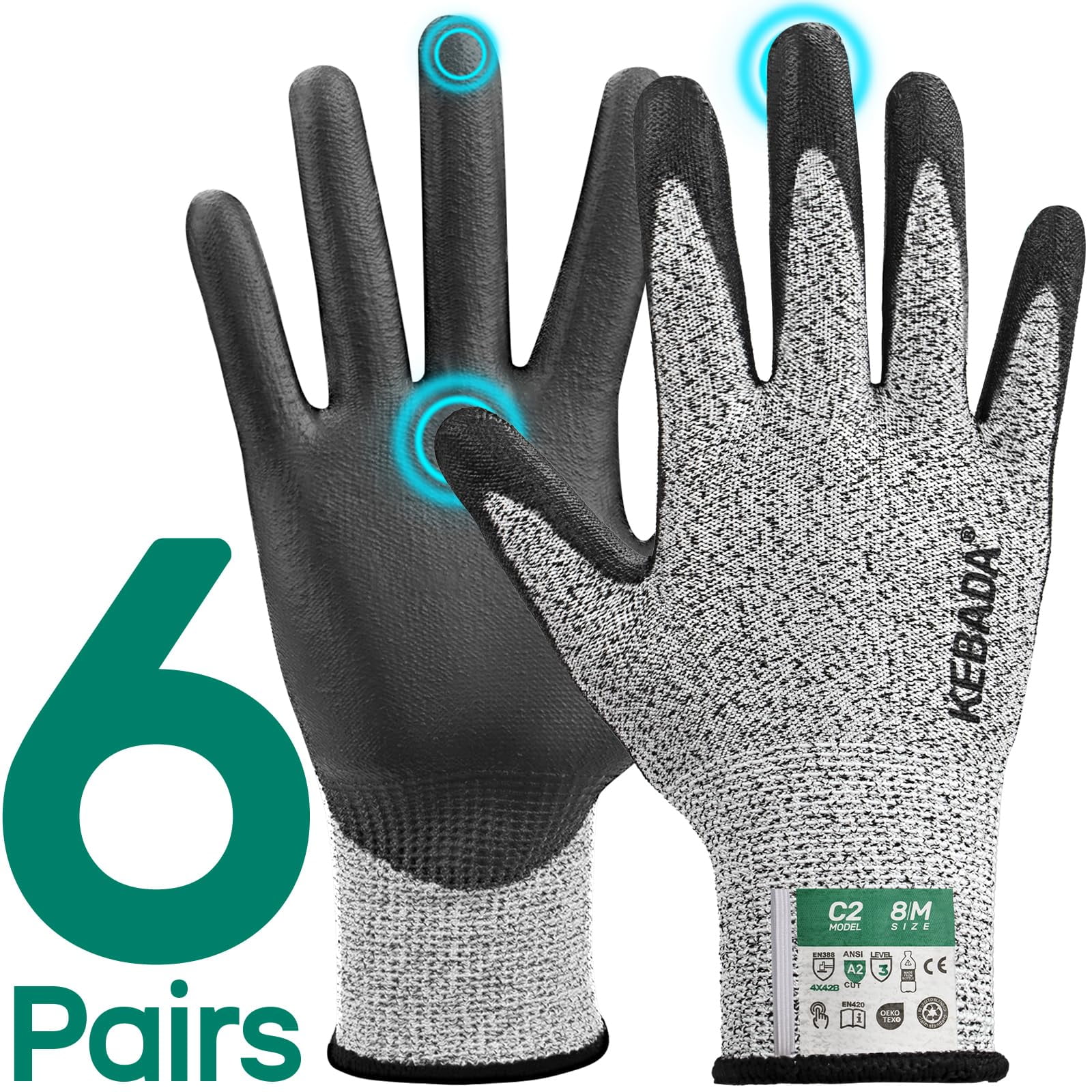 6 Pairs Cut Resistant Gloves with PU Coating, ANSI A2 Certified ...