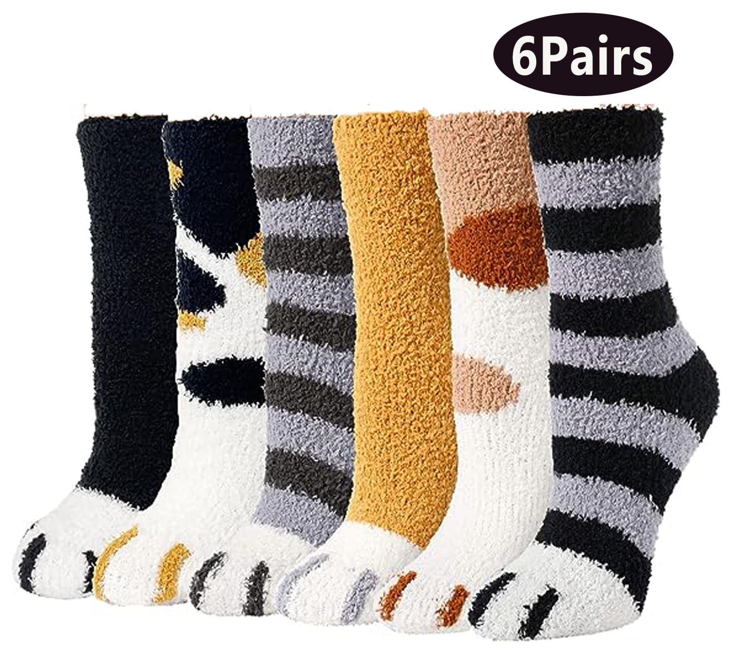 Women's Cozy Kitty Paw Socks - 6 Pairs of Warm, Fluffy Slipper & Sleeping Socks, Perfect Holiday ...