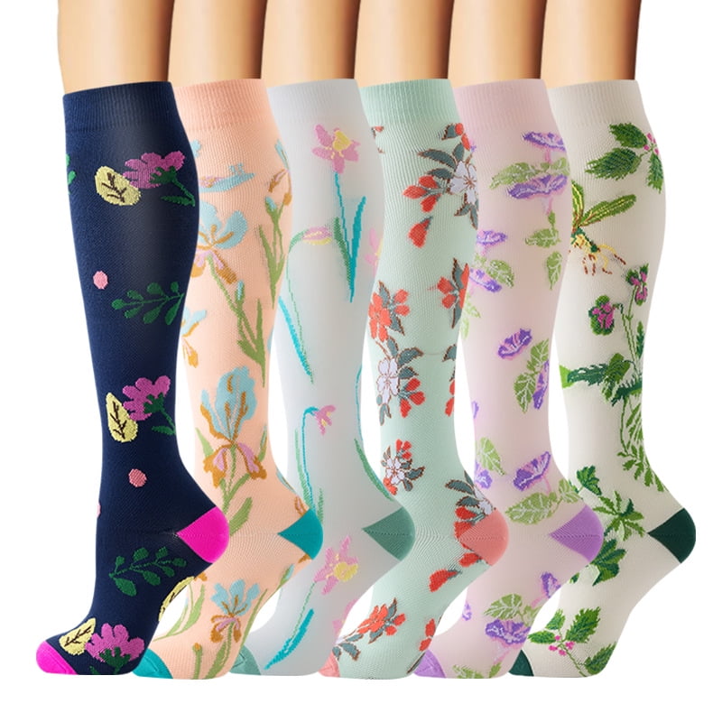 6 Pairs Foral Printed Unisex Compression Socks for Outdoor Sports ...