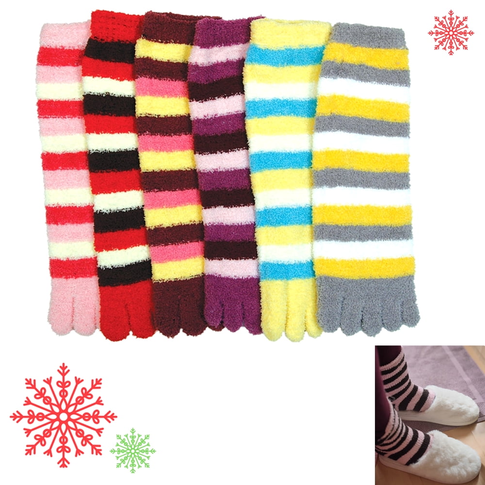 AllTopBargains 6 Pairs Comfortable Thick Fuzzy Toe Socks, Striped, Size ...