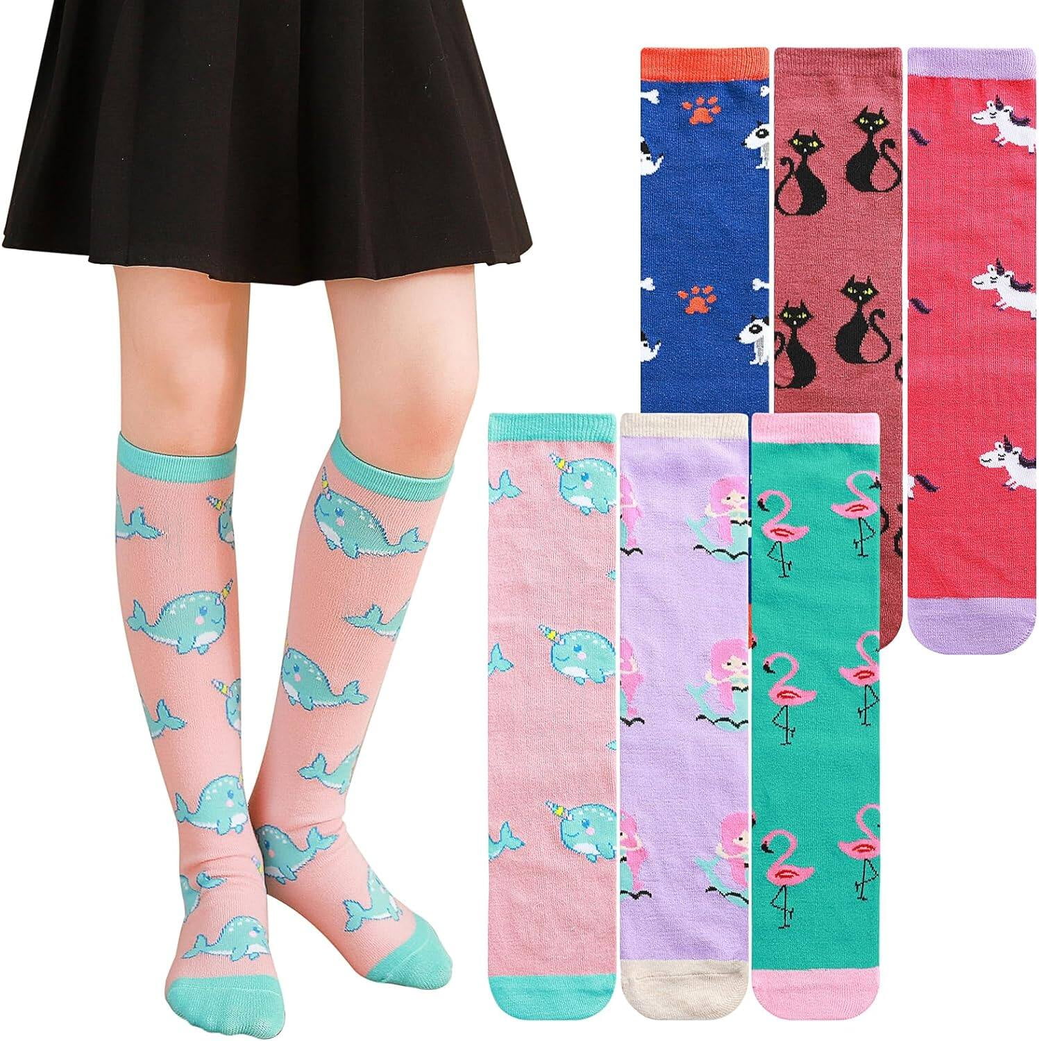 6 Pairs Girls Knee High Socks - Soft Cotton, Cute Animal Pattern ...