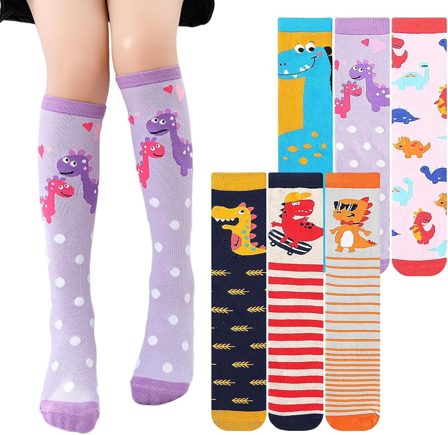 Phogary, Girls Knee High Socks, 6 Pairs, Cartoon Dinosaur Design ...