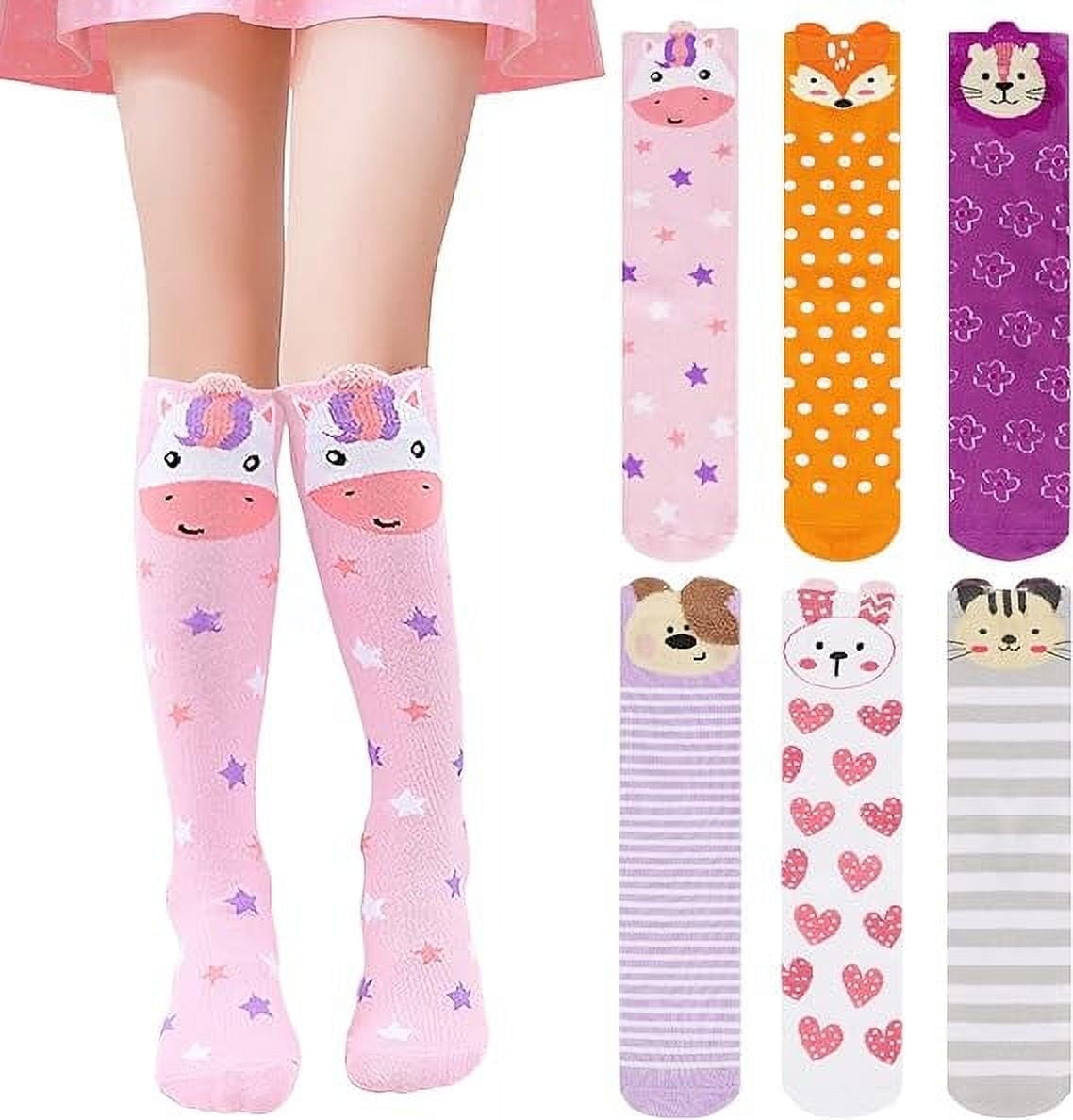Phogary 6 Pairs Girls Knee High Cotton Socks, Colorful Cartoon Animal ...