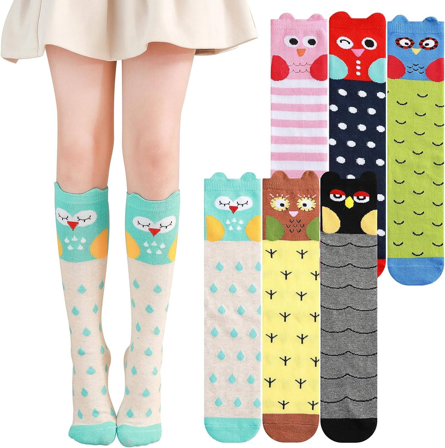 6 Pairs Girls Knee High Socks - Colorful Cartoon Design Soft Cotton ...