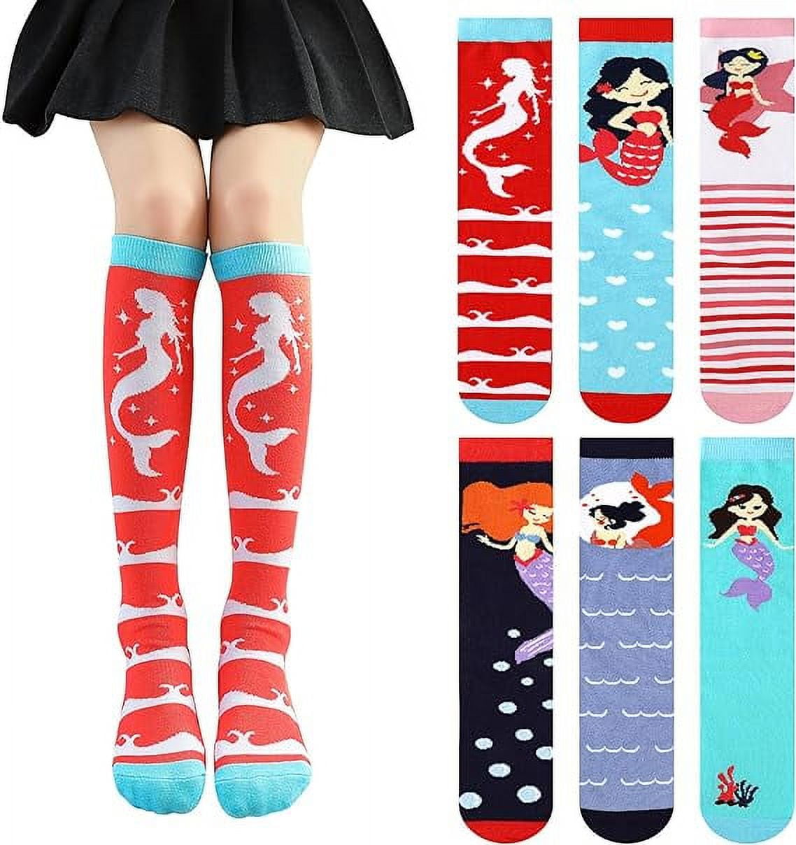 6 Pairs Girls Knee High Socks, Colorful Cartoon Warm Cotton Mid-Calf ...