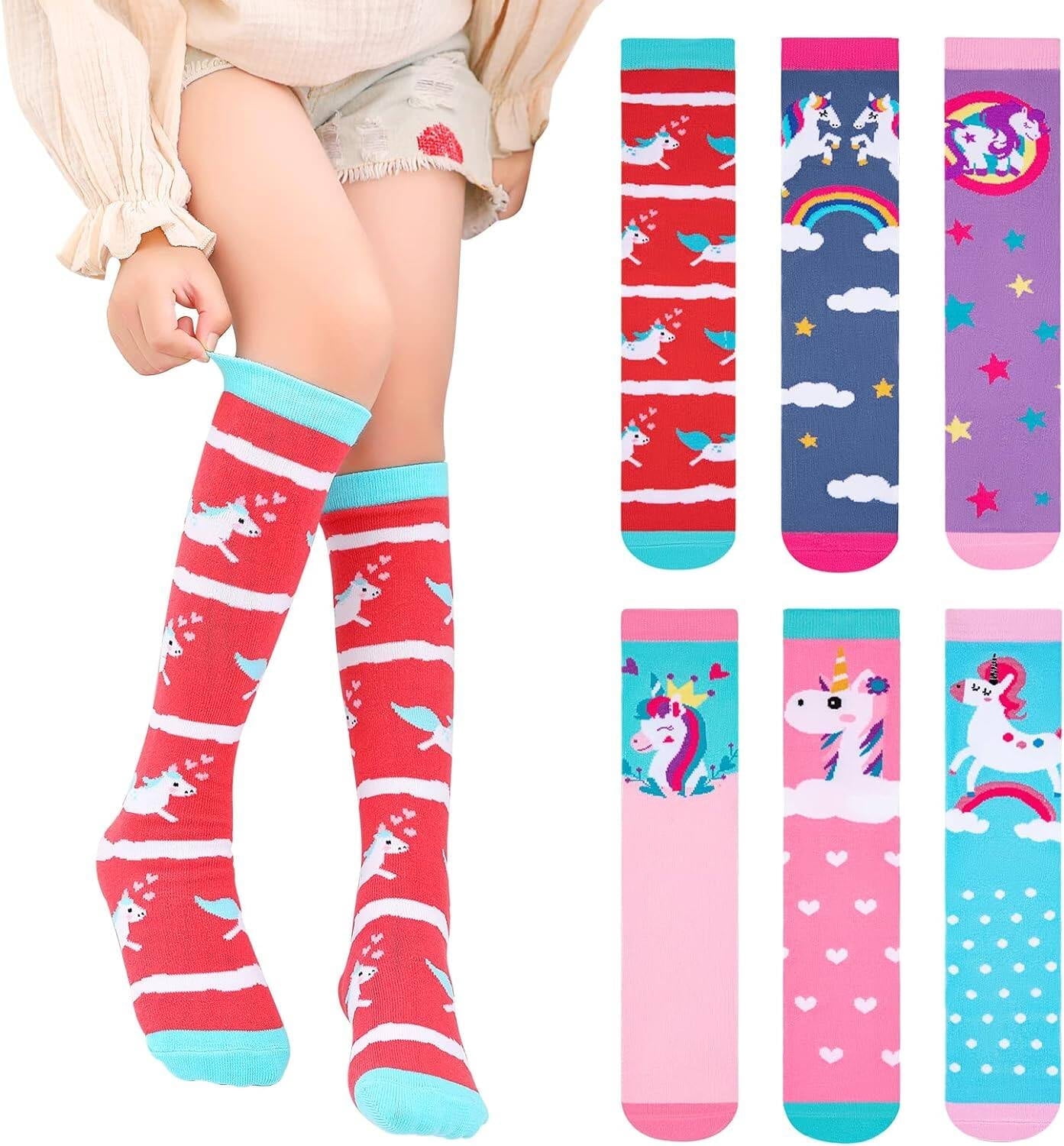 Phogary 6 Pairs Girls Cotton Knee High Socks, Colorful Unicorn Design ...