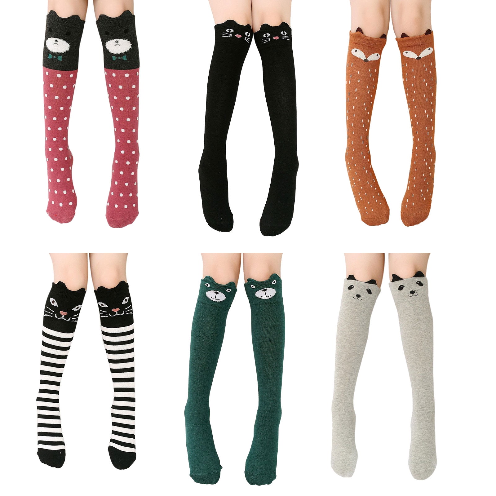 6 Pairs Girls Knee High Socks Toddler Kids Cartoon Animal Cat Bear Over ...