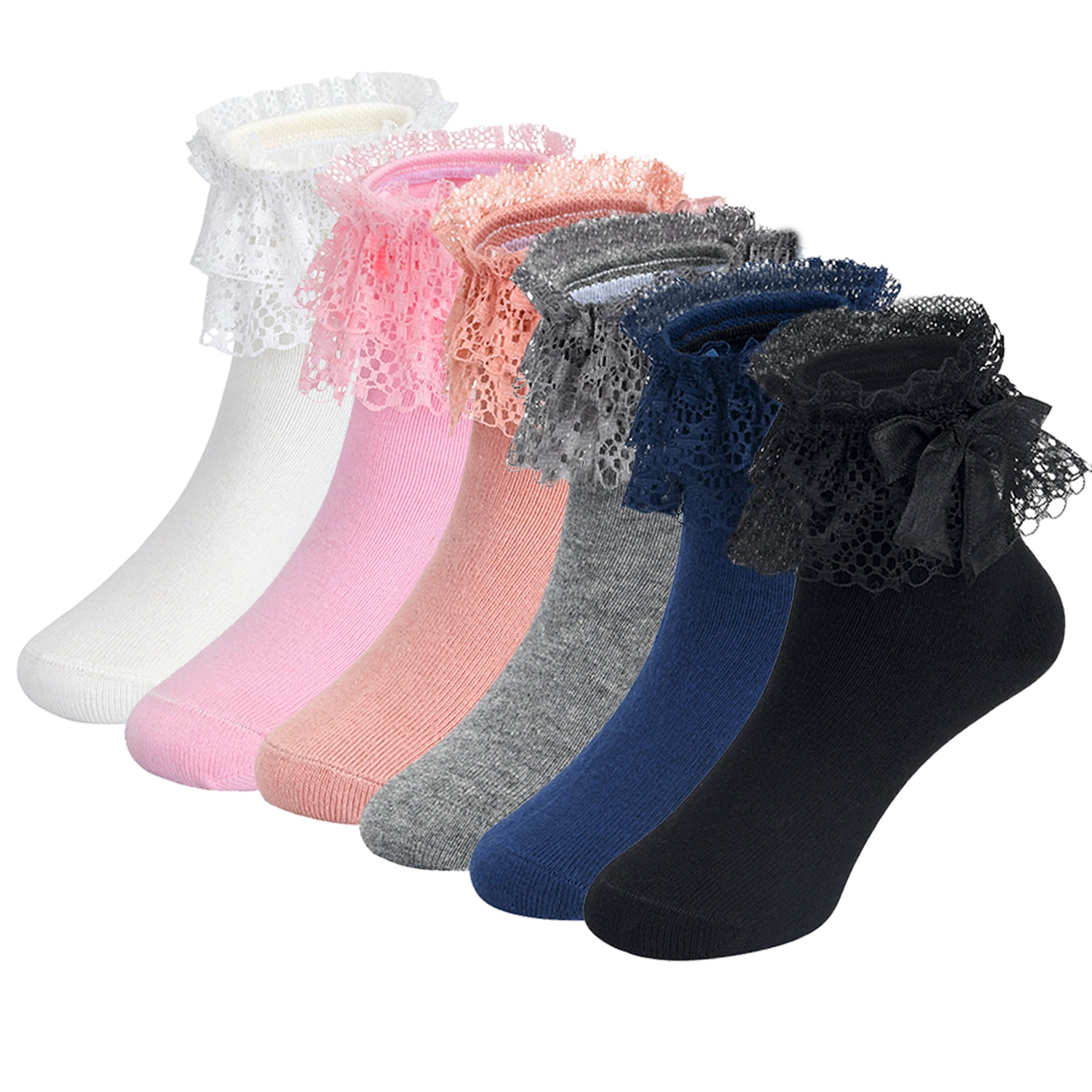 KOSIWEGO Girls Lace Socks, Bowknot Ruffle Socks, 6 Pairs, Size 7-9 ...