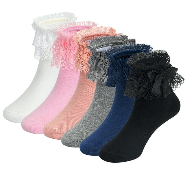 6 Pairs Girls Lace Socks, Cute Bowknot Ruffle, Size Large-Medium for 7-9 Years Old Toddlers ...