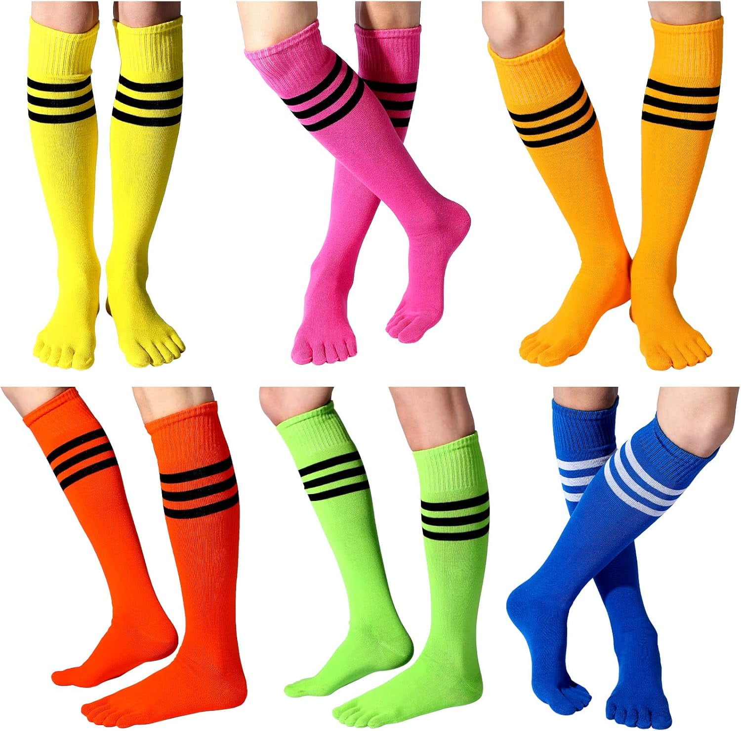 6 Pairs Knee Thigh Toe Socks Women, Neon Toes Separated Striped Cotton ...