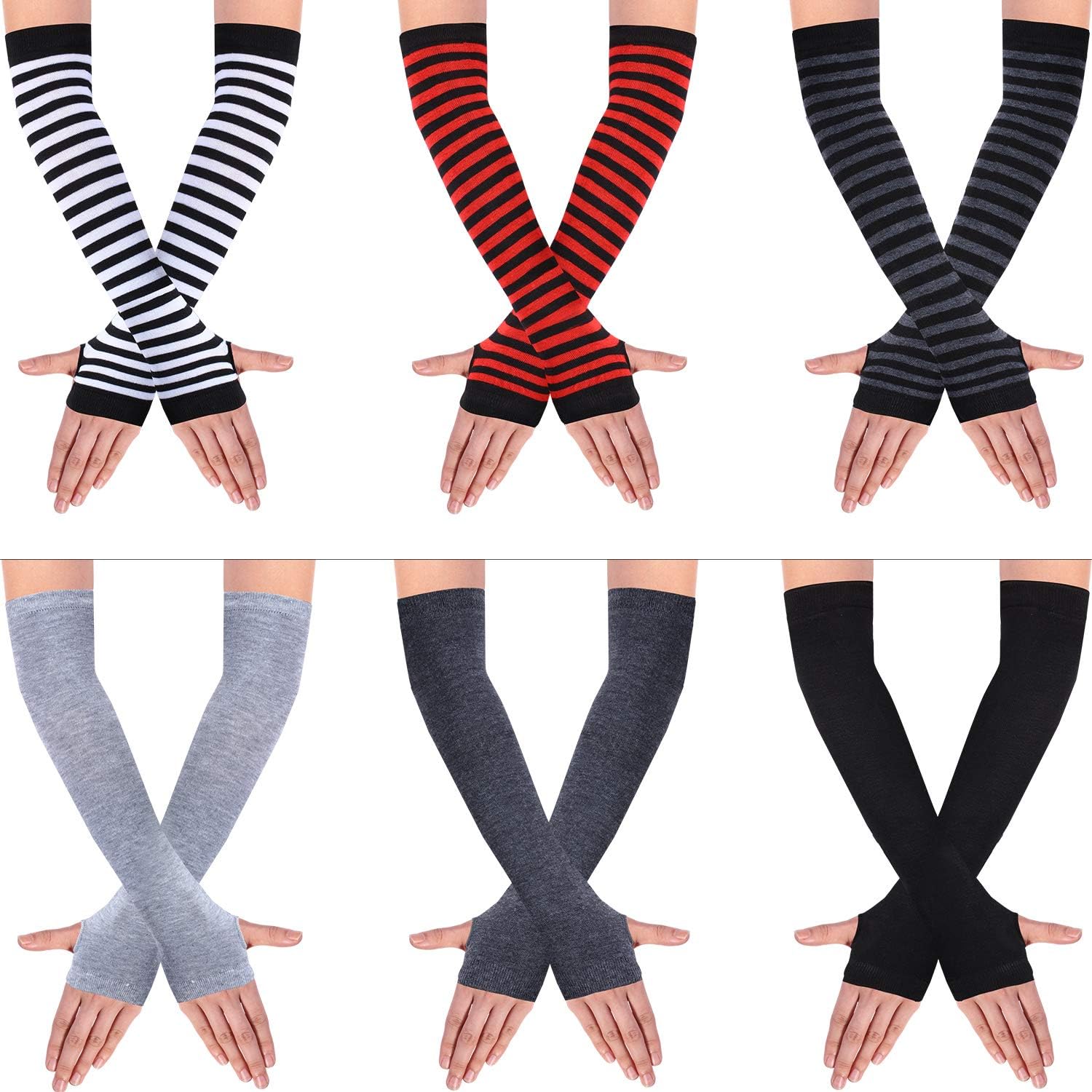 6 Pairs Long Fingerless Gloves for Women Knit Thigh High Striped Arm ...