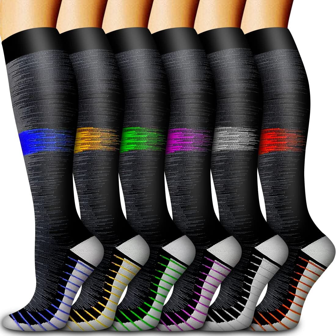 6 Pairs Medical Sport Compression Socks - 15-20mmHg Graduated Knee-High ...