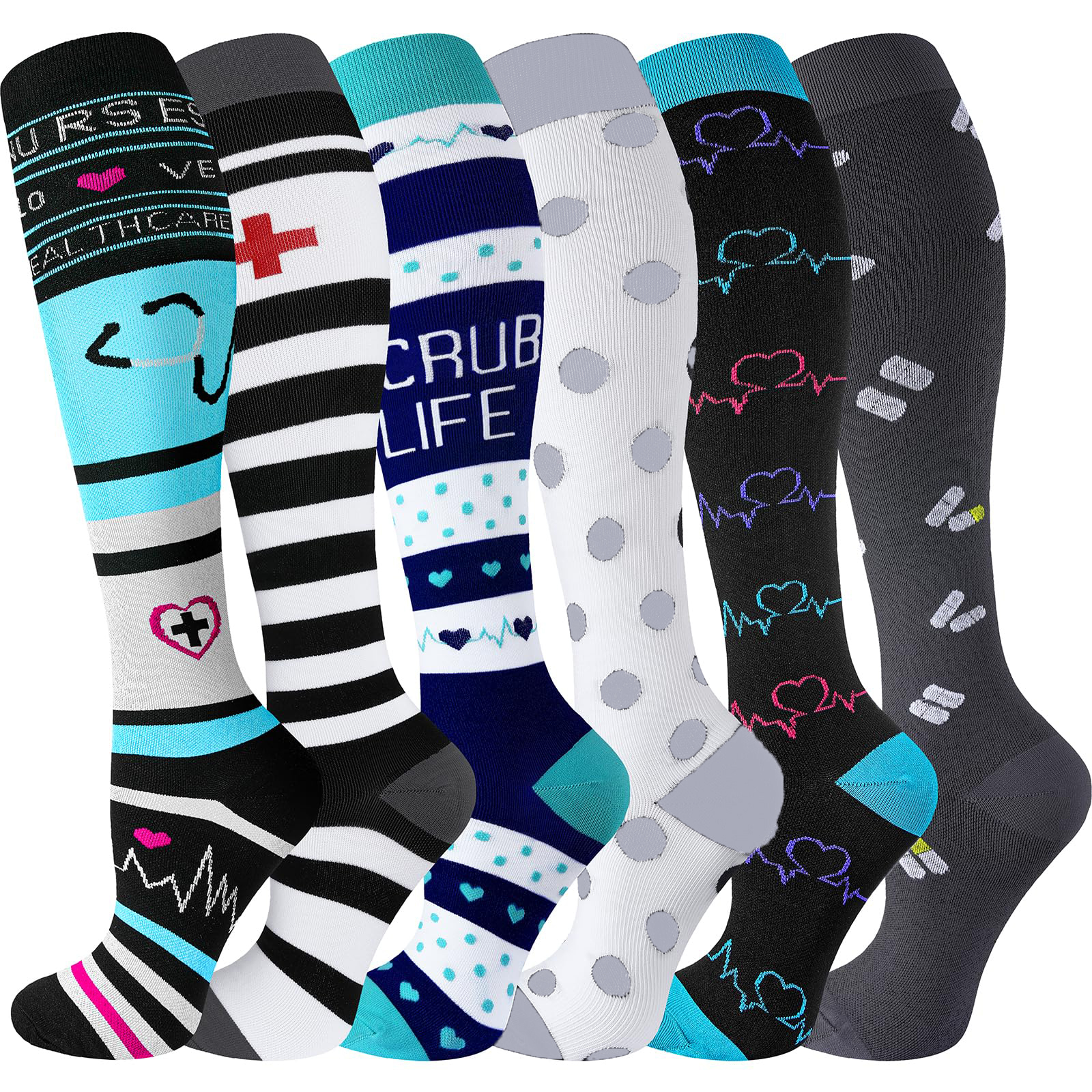 6 Pairs Medical Sport Compression Socks - 15-20mmhg Graduated Knee-High ...
