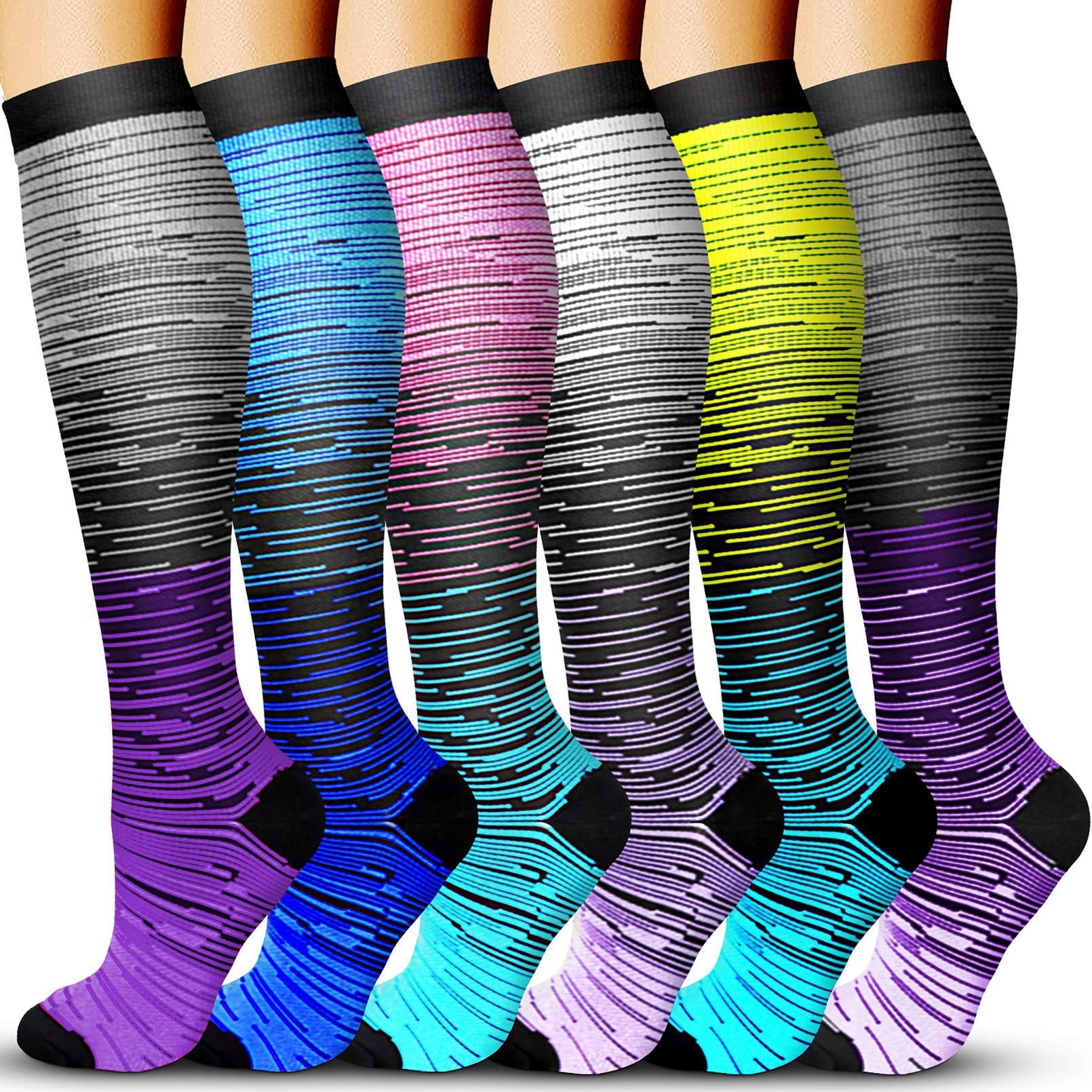 6 Pairs Medical Sport Compression Socks - 15-20mmhg Graduated Knee-High ...