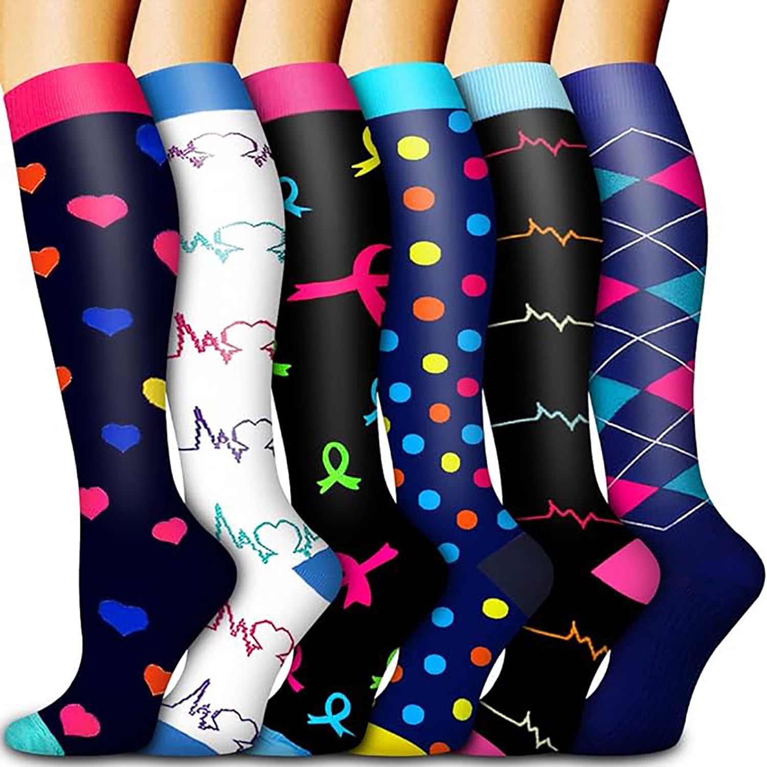 6 Pairs Medical Sport Compression Socks - 15-20mmhg Graduated Knee-High ...