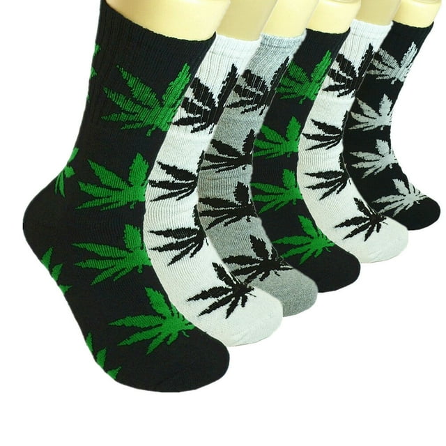 6 Pairs Men Sports Leaf Weed Marijuana Crew Cotton Long Socks Size 9-11 ...