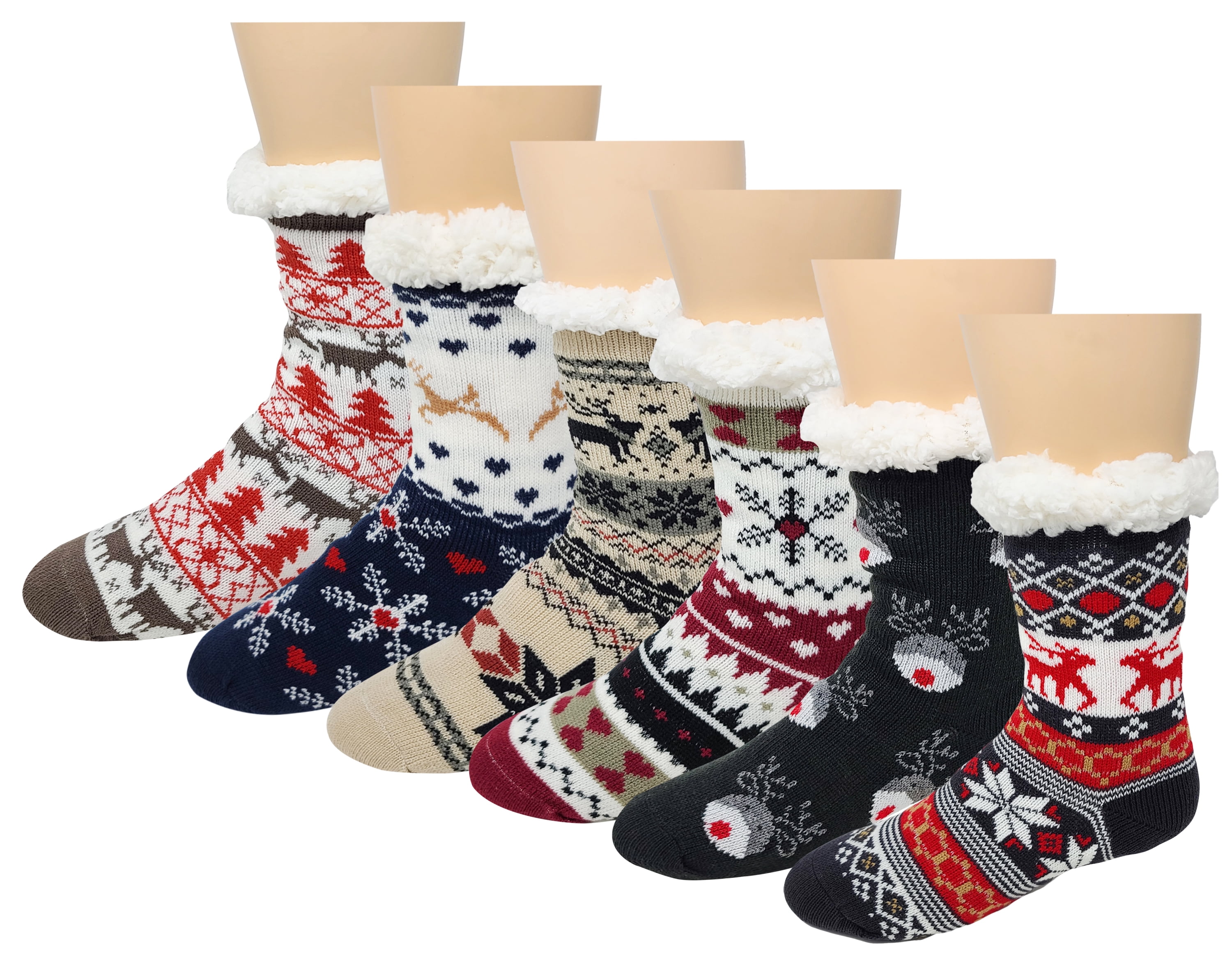 6 Pairs Sherpa Fleece Lined Winter Slipper Socks, Non Skid Grippers for ...