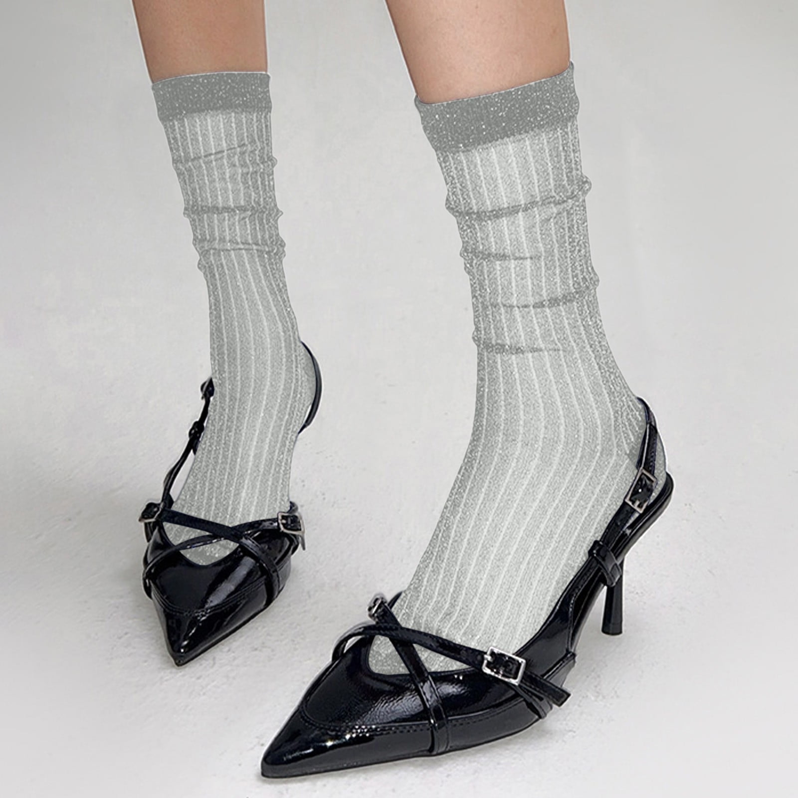 6 Pairs Mid-Calf Socks Women Thin Stack Socks Summer Metallic Yarn ...