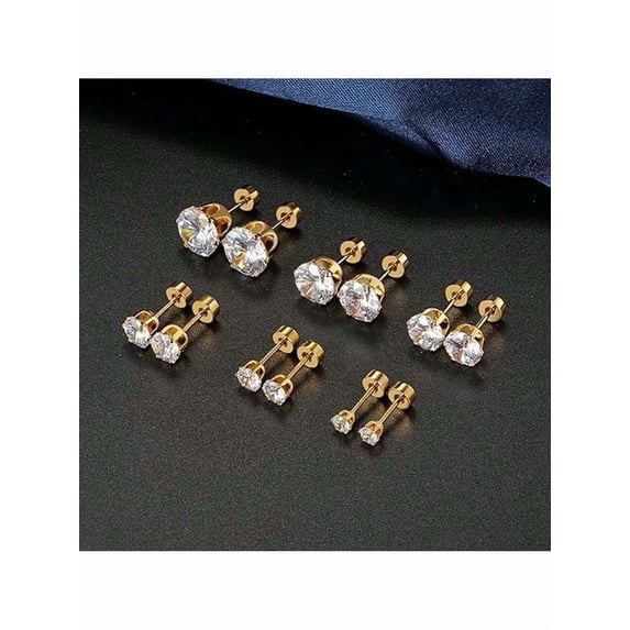 6 Pairs Multicolor Goldtone Stainless Steel CZ Stud Earrings Set For ...