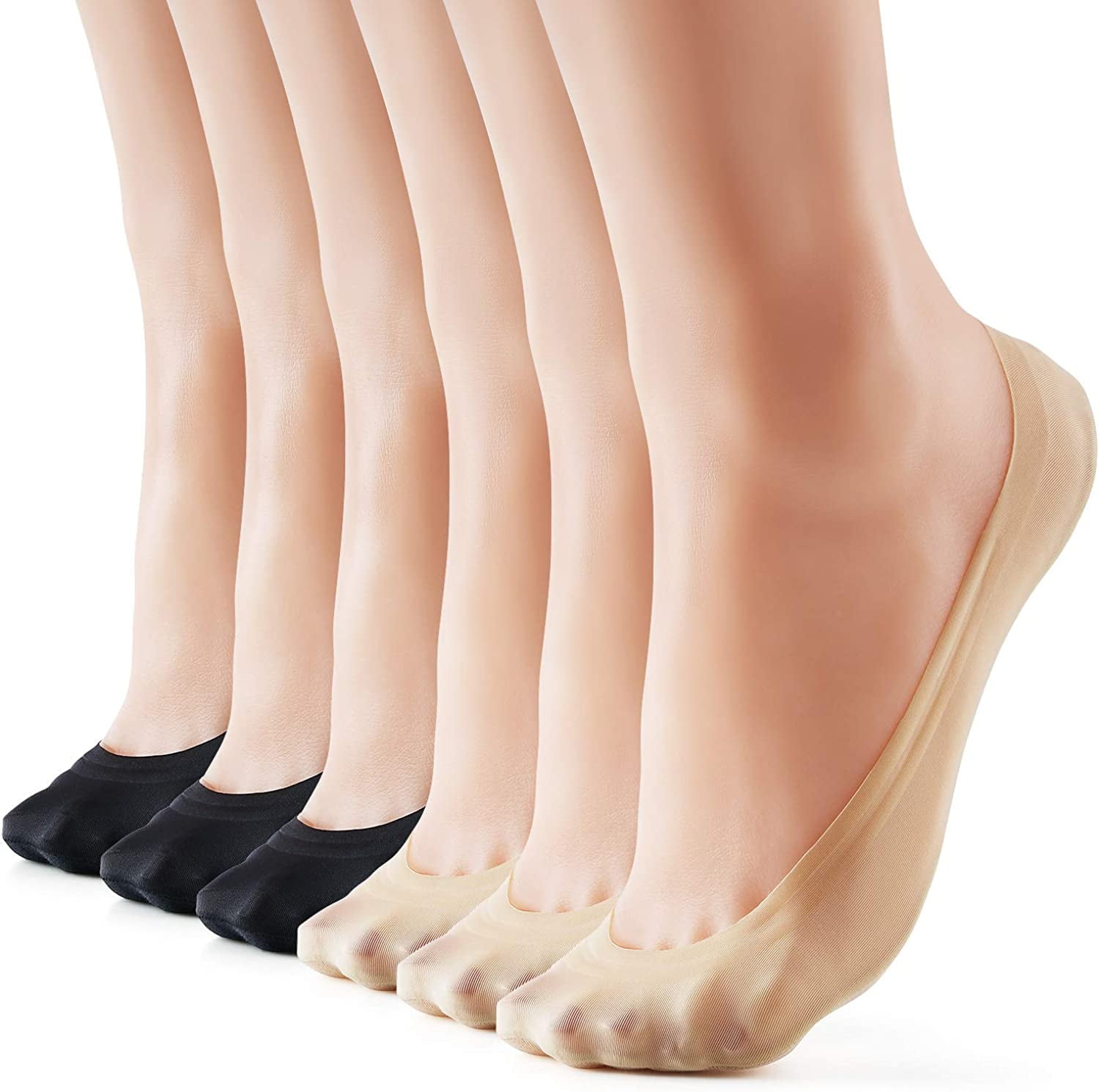 6 Pairs No Show Socks Women Nylon Ultra Low Cut Non-Slip Thin Liner ...