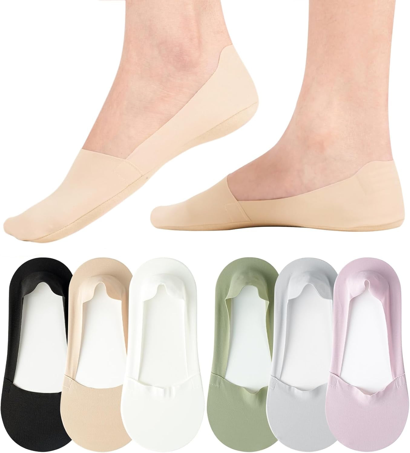 6 Pairs No Show Socks Womens Nylon Non Slip Low Cut Invisible Liner Footies Thin Silk Socks For