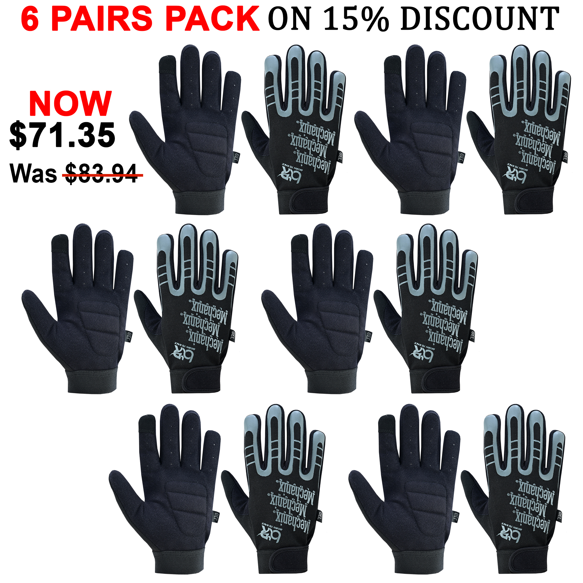 6 Pairs Pack Mechanic Work Gloves Heavy Duty Touch Screen Safety ...