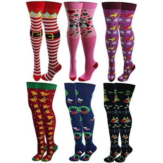 6 Pairs Pack Women Multi Neon Color Fancy Design Thigh High Over the ...