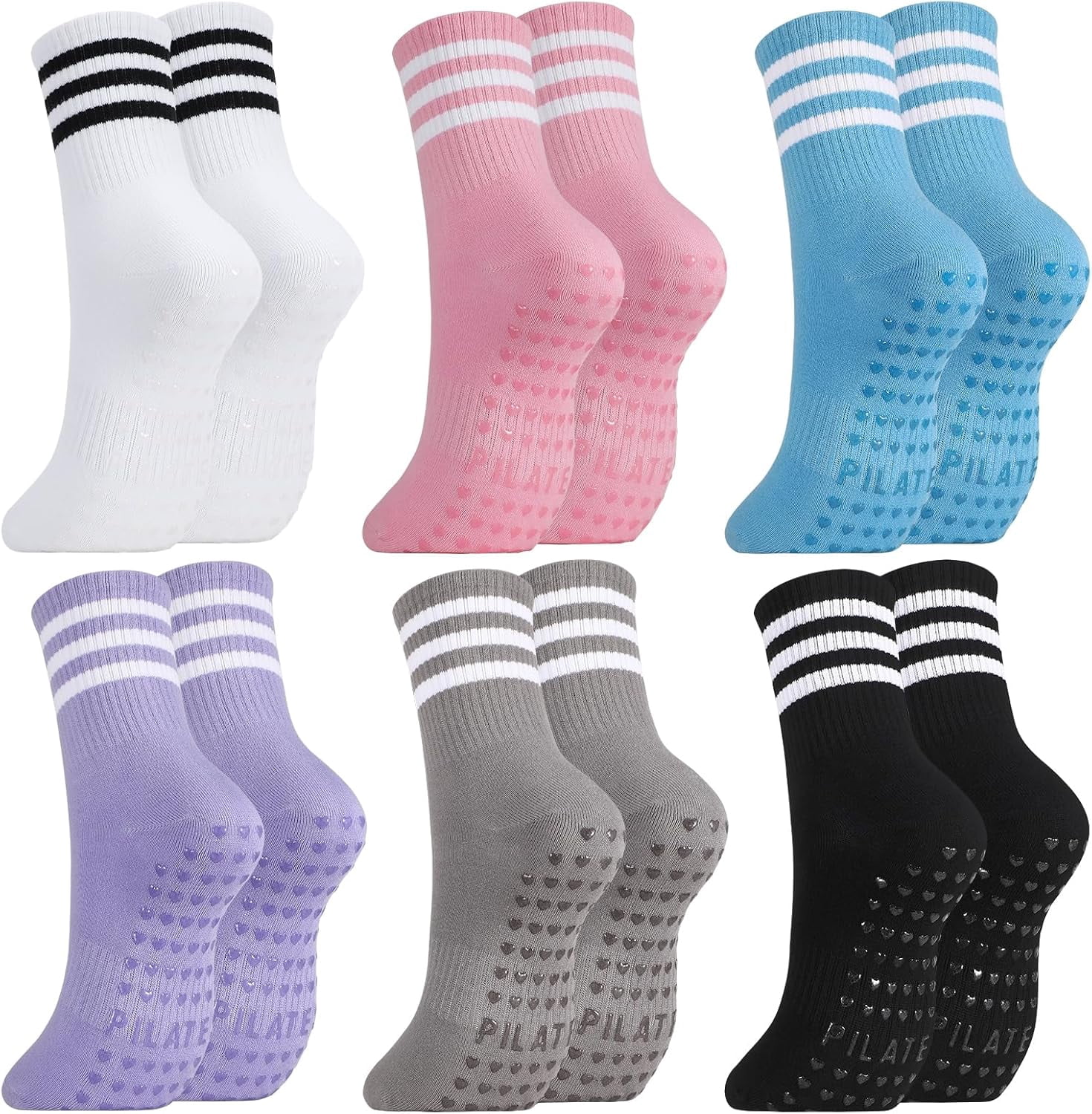 6 Pairs Pilates Socks with Grips for Women Cute Stripes Hearts Non Slip ...