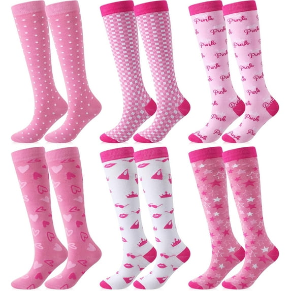 6 Pairs Pink Knee High Socks for Women Girls Cute Athletic Long Calf ...