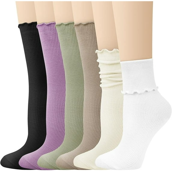 6 Pairs Ruffle Socks Soft Cute Frilly Turn-Cuff Long Casual Slouch ...