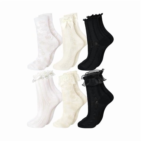 6 Pairs Ruffle Socks Women Frilly Lace Ankle Socks Cream Lolita ...