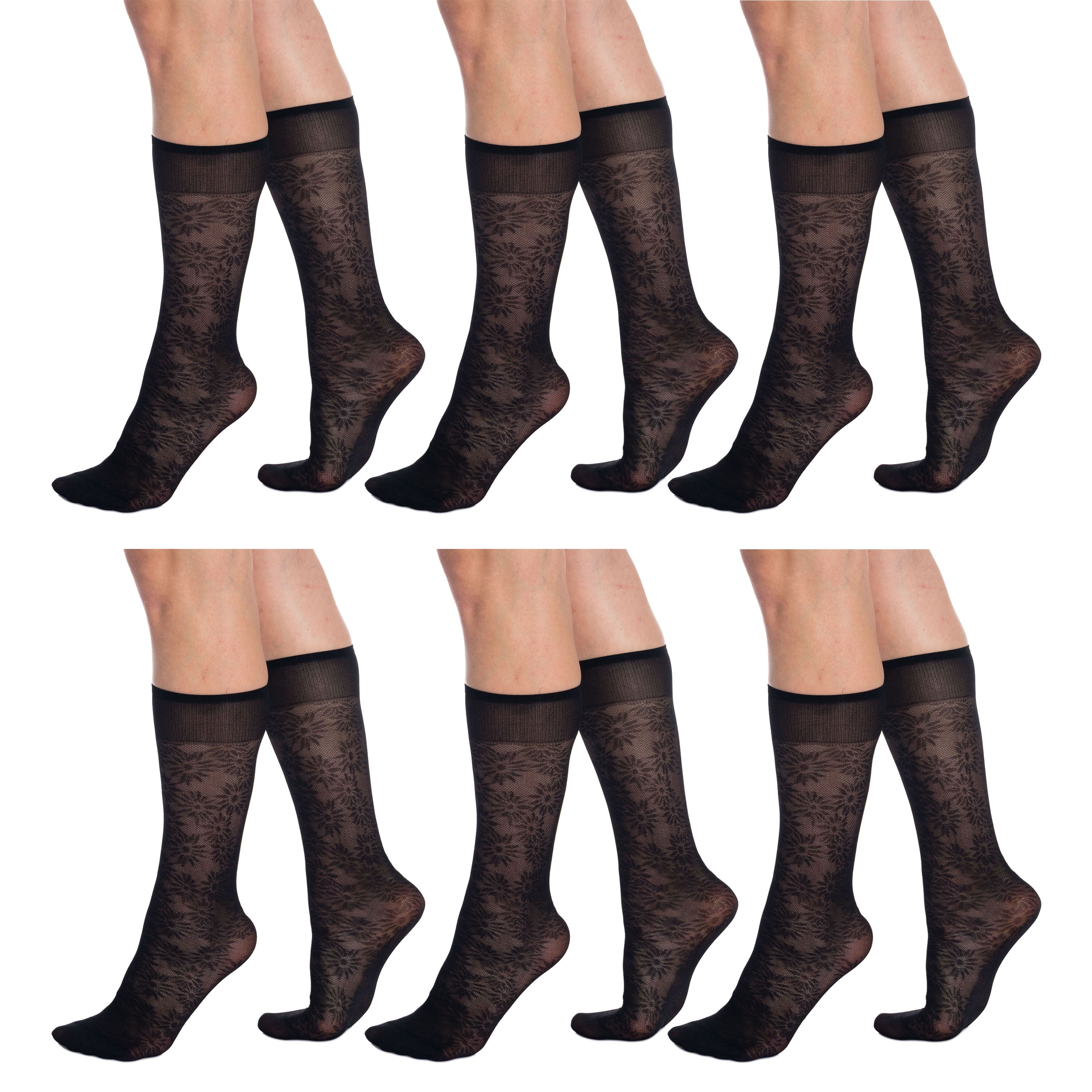 6 Pairs Sheer Knee High Socks for Women 15 Denier Stay up Band (Black ...