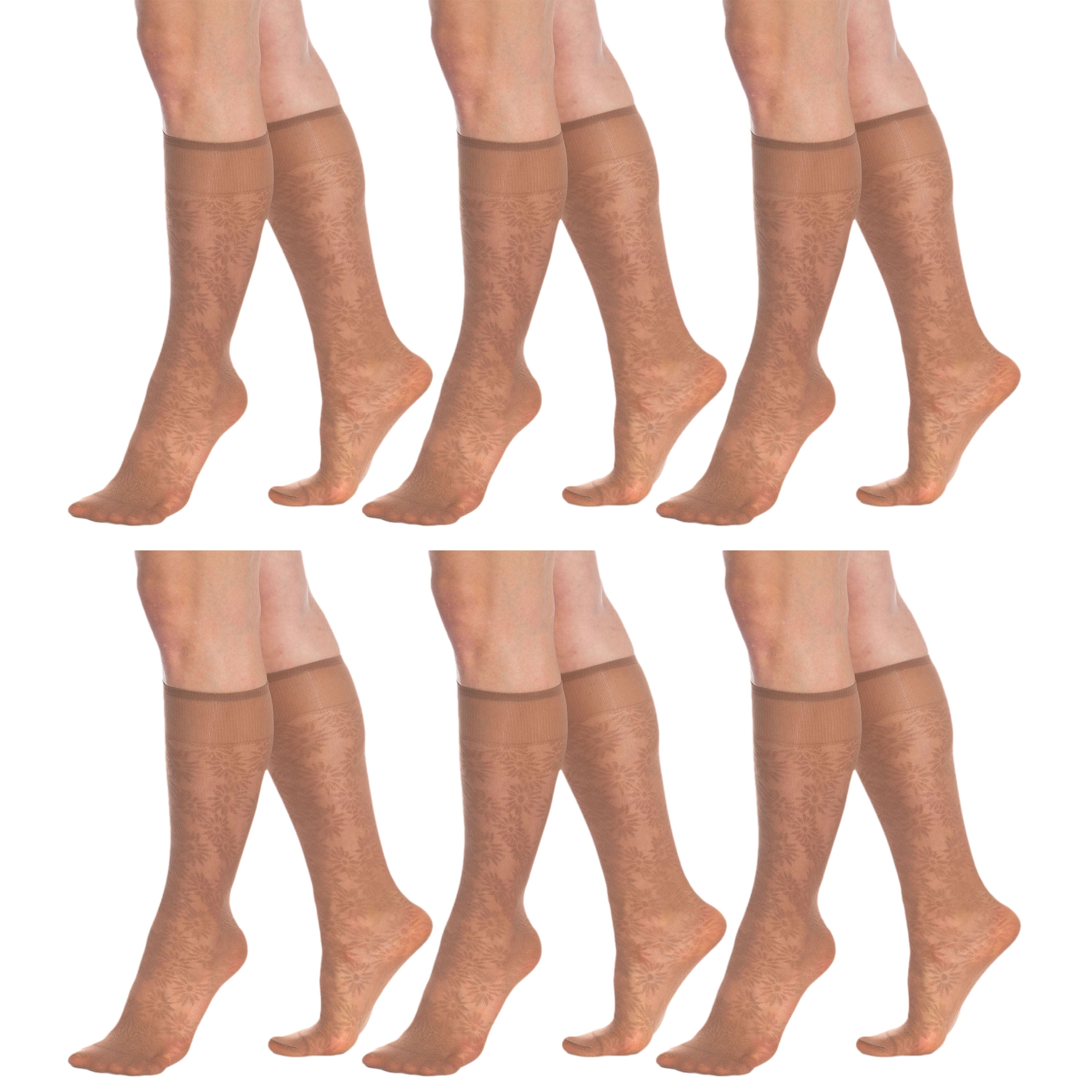 6 Pairs Sheer Knee High Socks for Women 15 Denier Stay up Band (Bronze ...