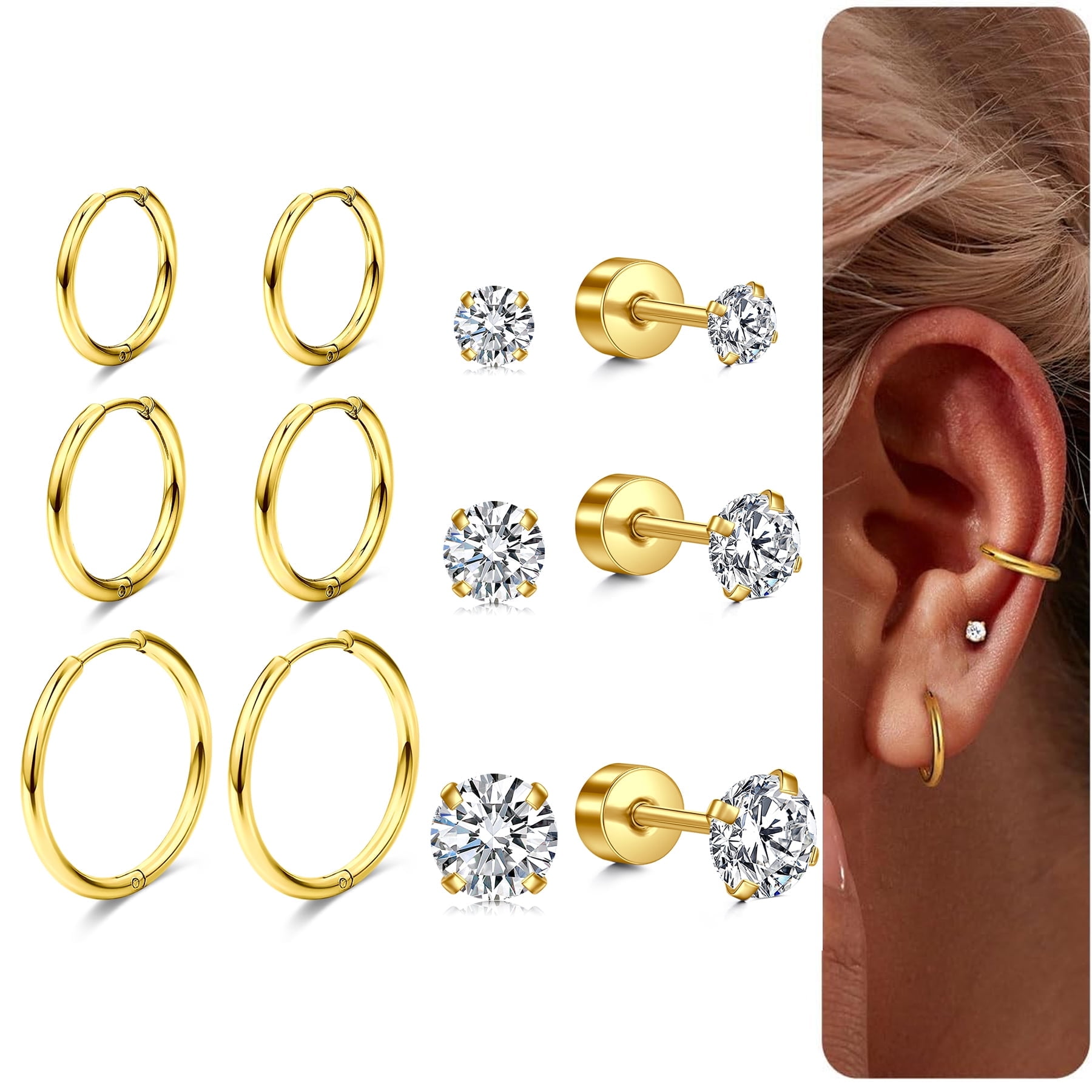 6 Pairs Surgical Steel Earrings Sets for Multiple Piercing, Lightweight ...