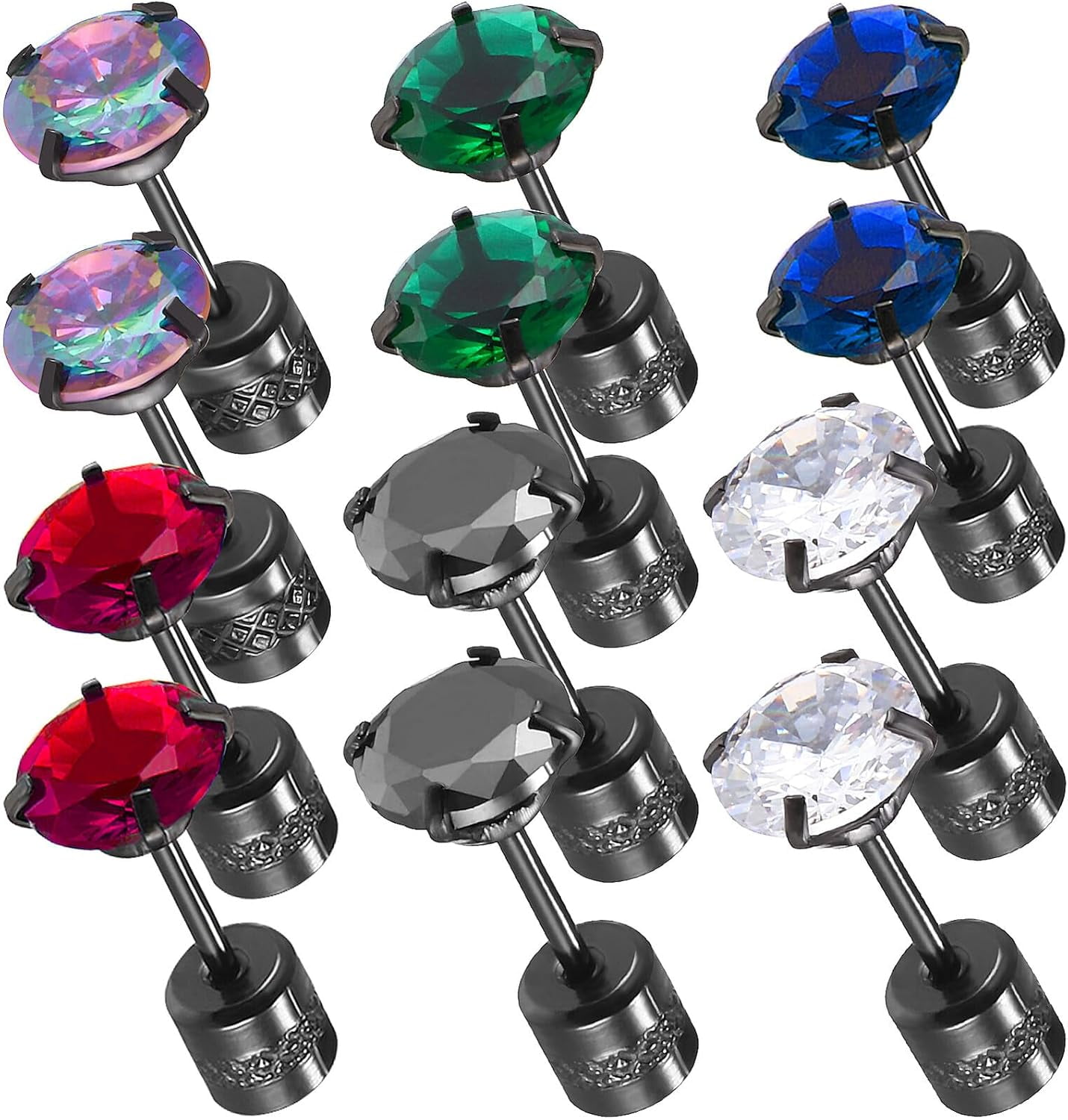 6 Pairs Titanium Screw Back Earrings with Cubic Zirconia Studs ...